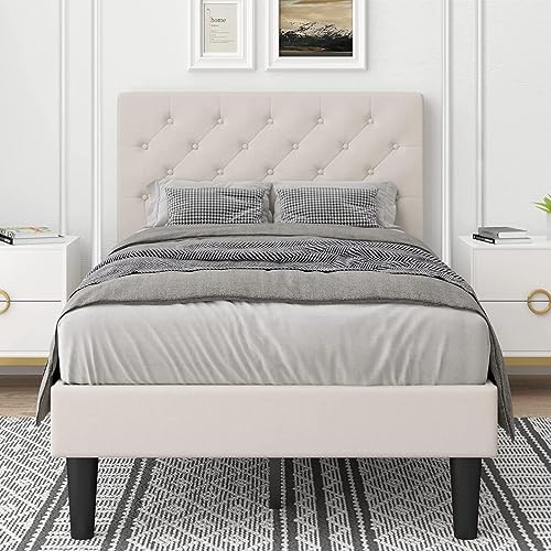 HOMBCK Twin Bed Frame, Upholstered Bed Frane Twin with Button Tufted Headboard, Linen Fabric Modern Bed Frame, Sturdy Wood Slat Support, No Box Spring Needed, Beige