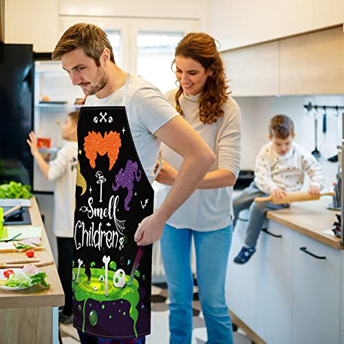 PETCEE Halloween Apron I Smell Children Cooking Aprons with Witches Ghosts Bats Halloween Kitchen Apron with Adjustable Waist Strip for Women Men