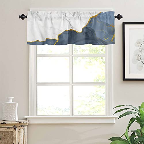 Zadaling Valance Curtain for Kitchen,Wild Marble Pattern Gold Blue White Ombre Window Valance for Living Room Scroll,Rod Pocket Valances for Bedroom Decor,Window Treatment Valance 1 Panel 18" x 42"