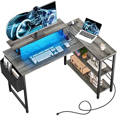 Homieasy L Shaped Computer Desk with LED Strip & Power Strip, 47 Inch Corner Desk with Monitor Stand Reversible Storage Shelves, Modern Simple Home Office Gaming Desk with Storage Bag(Black Oak)