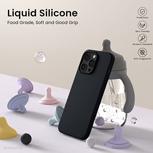 ORNARTO Compatible with iPhone 14 Pro Max Case 6.7, Slim Liquid Silicone 3 Layers Full Covered Soft Gel Rubber Phone Case Protective Cover with Microfiber Lining 6.7 inch-Black