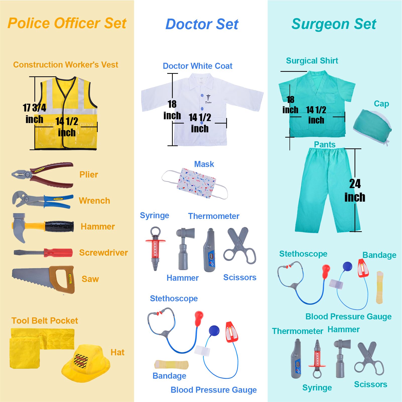 TopTie 5 Sets Halloween Kids Costumes, Dress Up Costumes with Storage Box for Age 3-7, Doctor Fireman Police Surgeon Worker