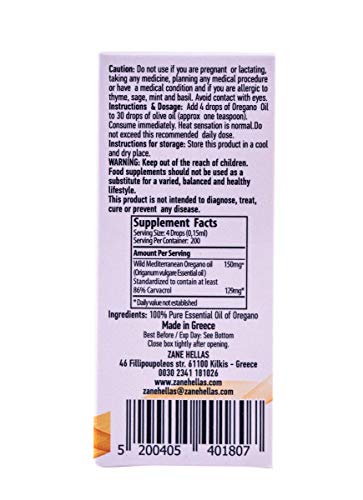 ZANE HELLAS Natural Essential Oil of Origanum heracleoticum,129 mg Carvacrol Per Serving,1 fl.oz. 30 ml.Super 100