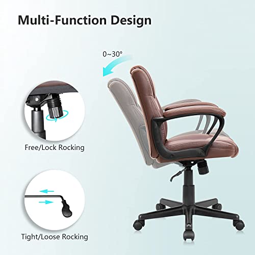 Shahoo Executive Office Chair Swivel Task Seat with Ergonomic Mid-Back, Waist Support, PU Leather, Brown