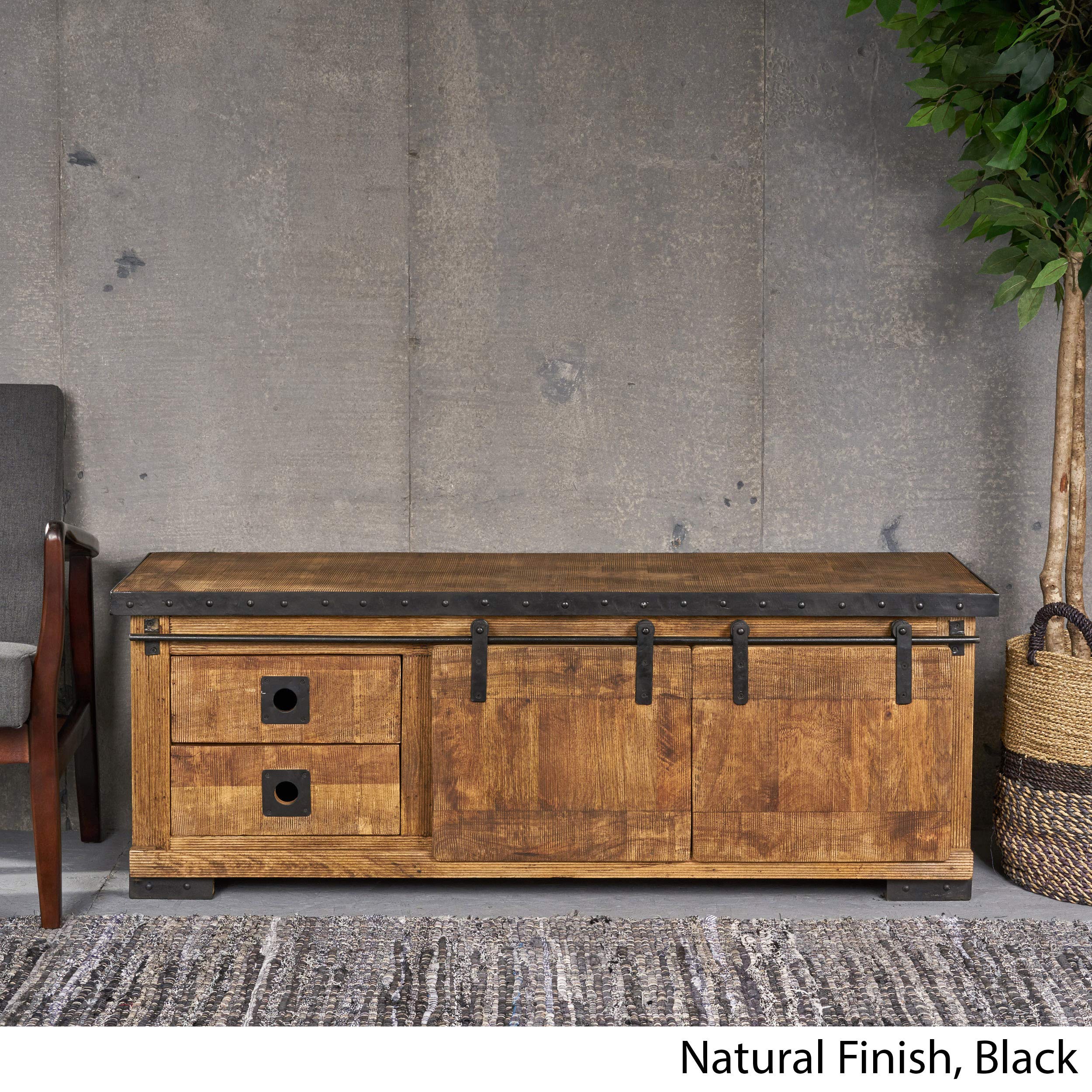 Christopher Knight Home Madge Modern Industrial Mango Wood TV Stand, Natural Finish, Black