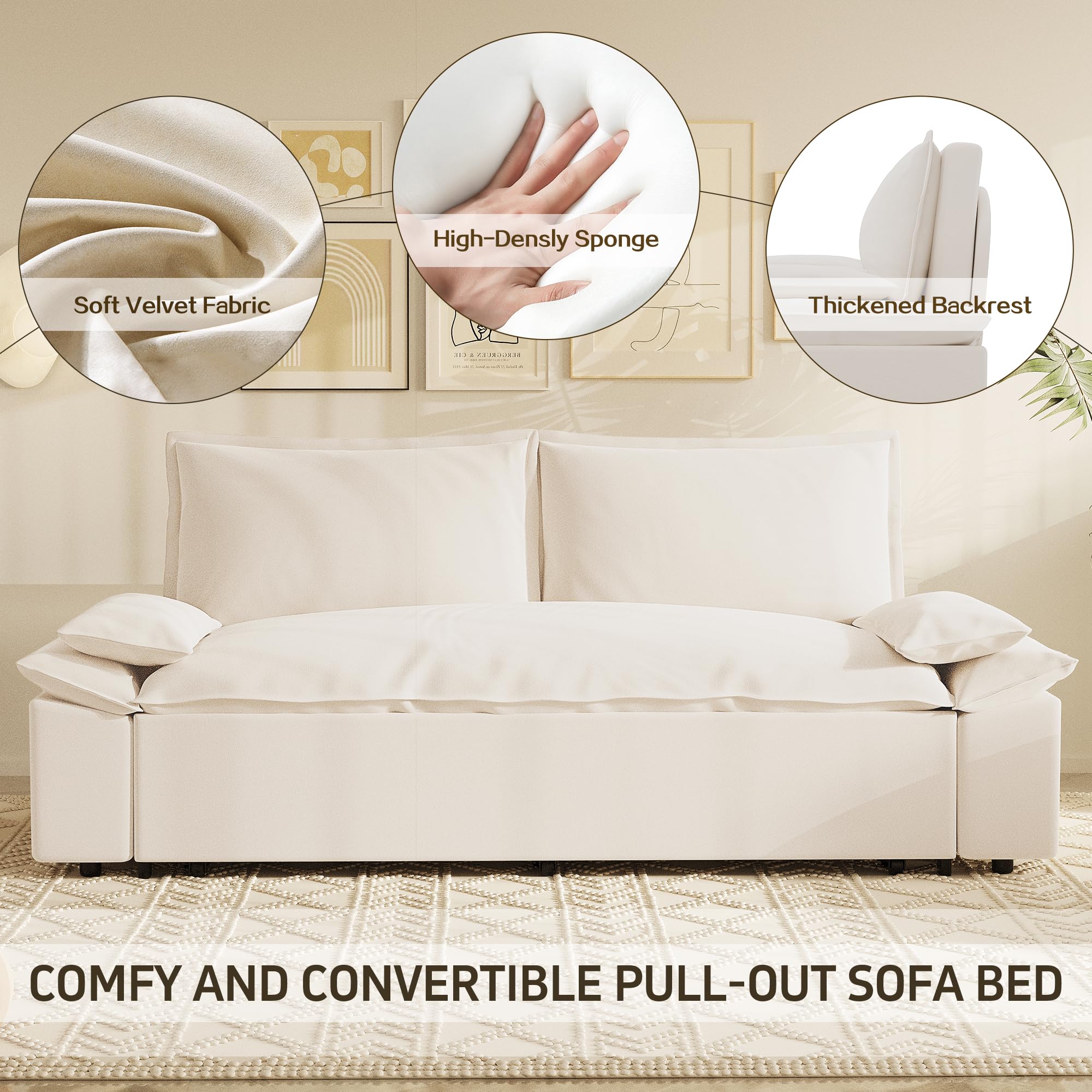 HomSof 70.1" Queen Pull Out Sofa Bed, 3-in-1 Convertible Sleeper Sofa with 2 Soft Pillows,Multi-Functional Velvet Loveseat Bed,Beige
