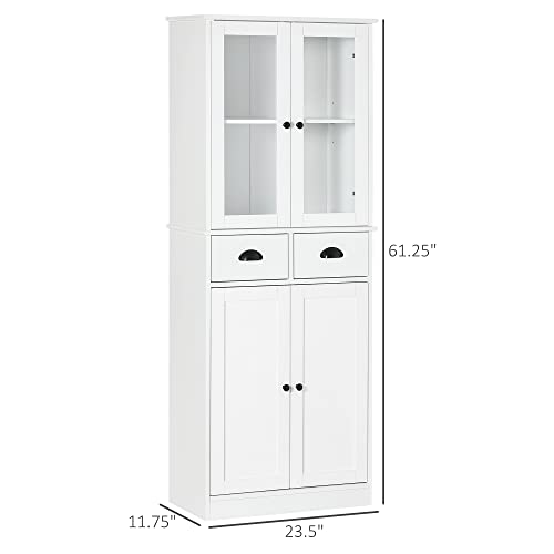 HOMCOM 61" Freestanding Kitchen Pantry, Traditional Style Storage Cabinet with Soft Close Doors, Adjustable Shelves, and 2 Drawers, for Living Room, Dining Room, White