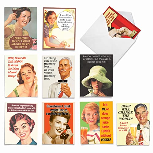 The Best Card Company - 10 Funny Birthday Cards Assorted (4 x 5.12 Inch) - Adult Vintage Assortment, Boxed Greeting Cards with Envelopes - Retro Toasts M6619BDG