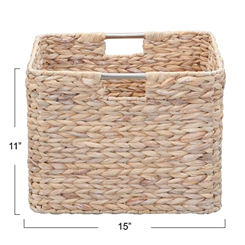 Household Essentials, White Wash Square Wicker Basket, Hyacinth Cube with Stainless Steel Handles, Intricate and Durable Weave, Sturdy Metal Frame