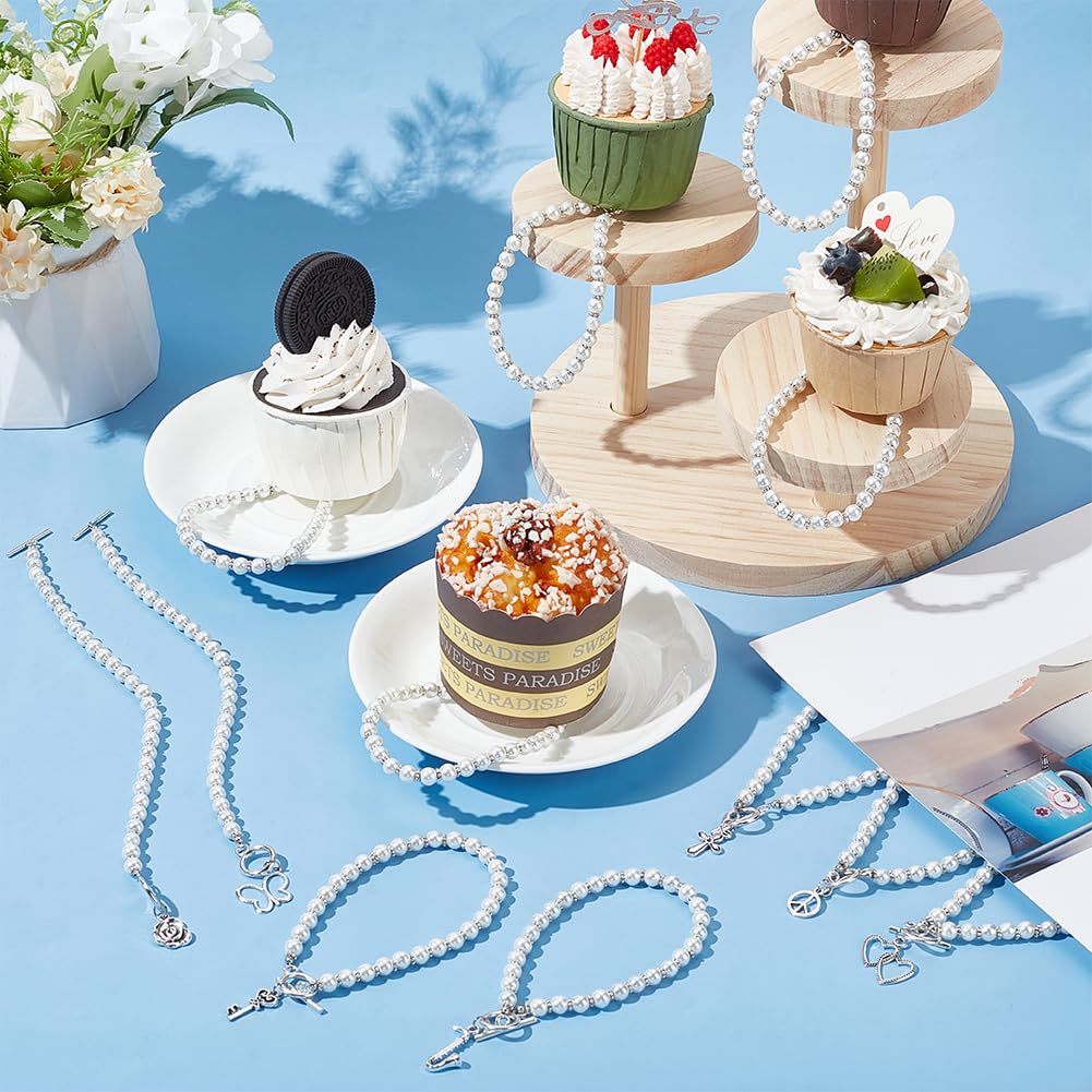 FINGERINSPIRE 12Pcs 10Inch White Individual Pearl Beaded Wedding Cake Pulls 12Style Wedding Cake Charm Pull with Alloy Silver Charm Bracelet for Birthday Party Wedding Decoration Bridesmaid Luncheon