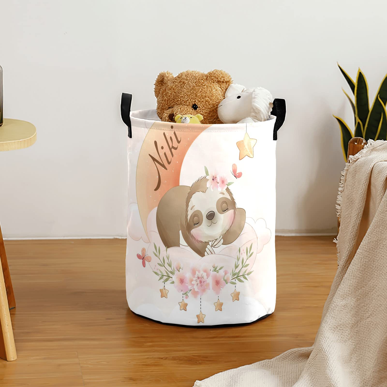 Cute Sloth Floral Round Storage Basket Personalized Name Laundry Basket Waterproof Nursery Hamper with Handle for Living Room Bedroom and Clothes