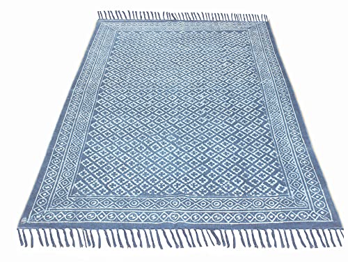 Indigo Blue Rug for Bathroom Handmade Cotton Durries Boho Kilim Rug Flat Weave Indoor Floor Decorative Rugs for Balcony Lounge Floor Bedroom Balcony