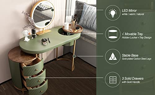 FUQIAOTEC Modern Makeup Vanity Table, Stylish and Simple Design Dressing Table with LED Lighted Mirror & 3 Drawers Side Cabinet, Desktop with a Hidden Storage, Without Stool, Green