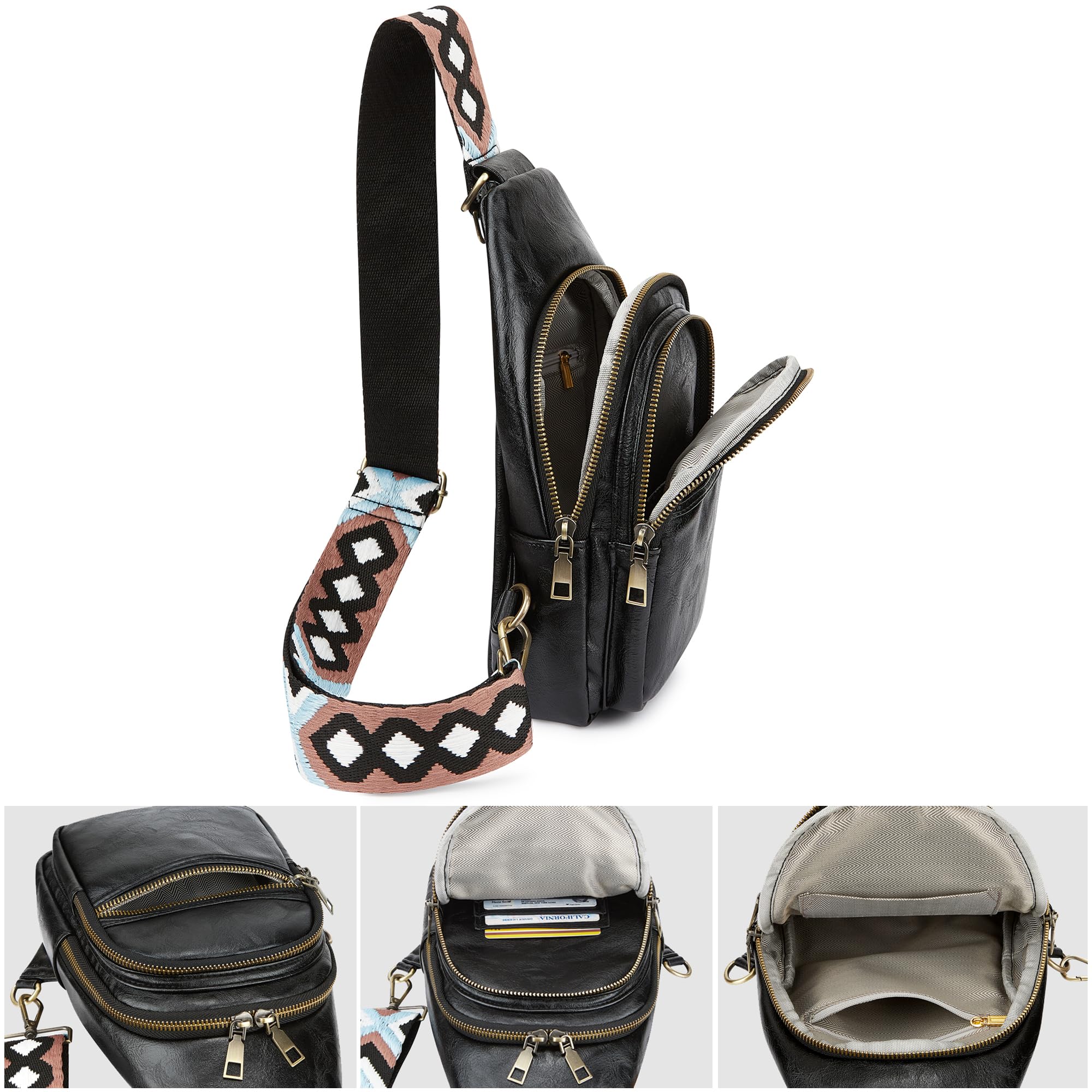 Cynure Women's Vegan Leather Sling Bag Packs Small Zipper Crossbody Chest Backpacks, Black