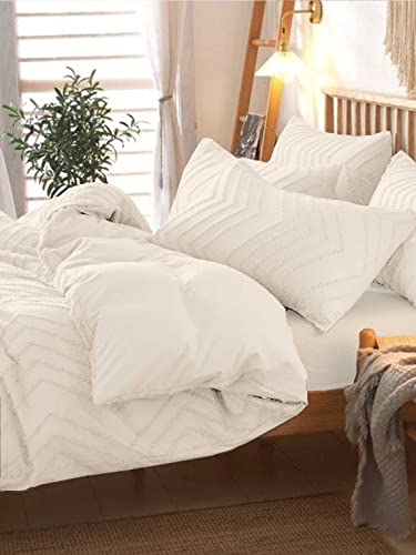 Nanko Beige Duvet Cover Full Size, 3pc Boho Tufted Microfiber Bedding Comforter Cover Set, All Season Aesthetic Shabby Chic Soft Embroidery Textured Geometric Quilt Cover (80x90)