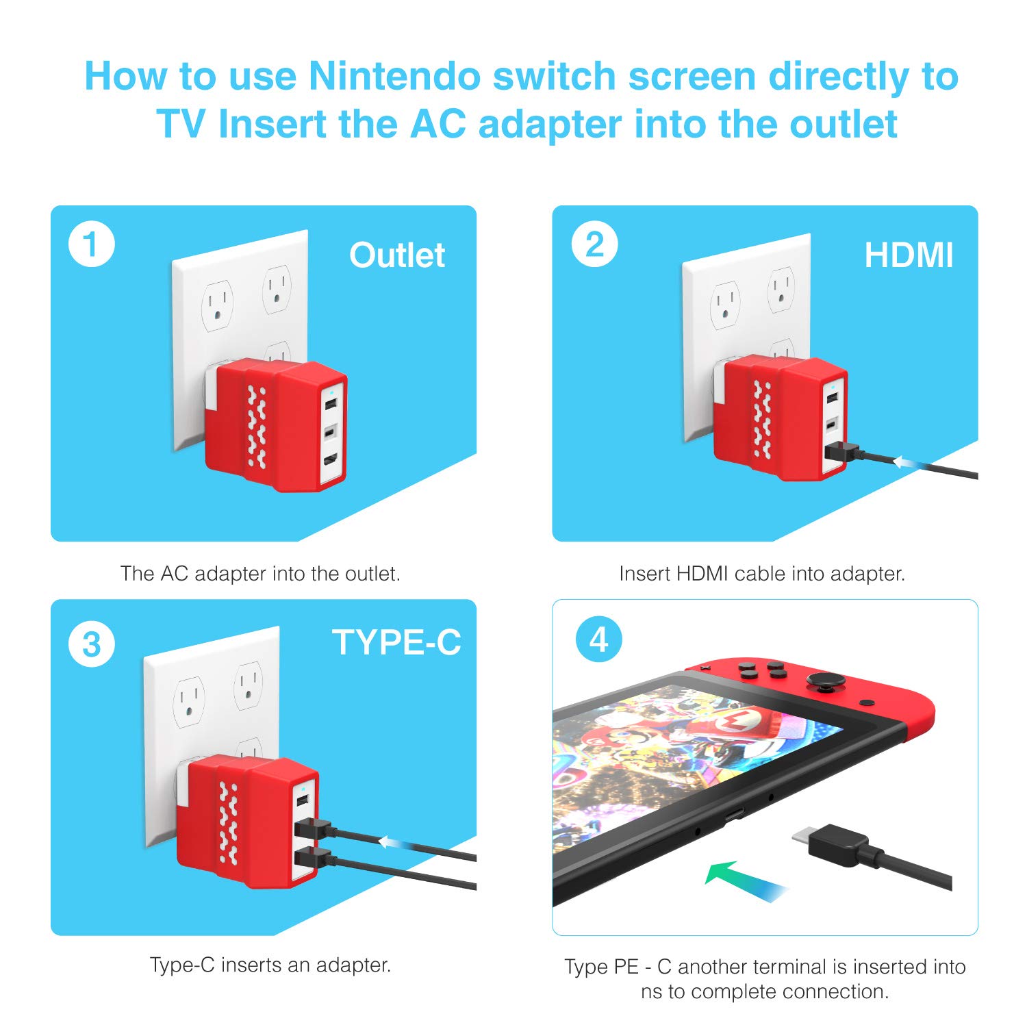 Charger for Nintendo Switch, Nintendo Switch AC Adapter Charger, USB Type C HDMI Splitter, USB 3.0, 3 in 1 USB Quick Charger Support TV Mode