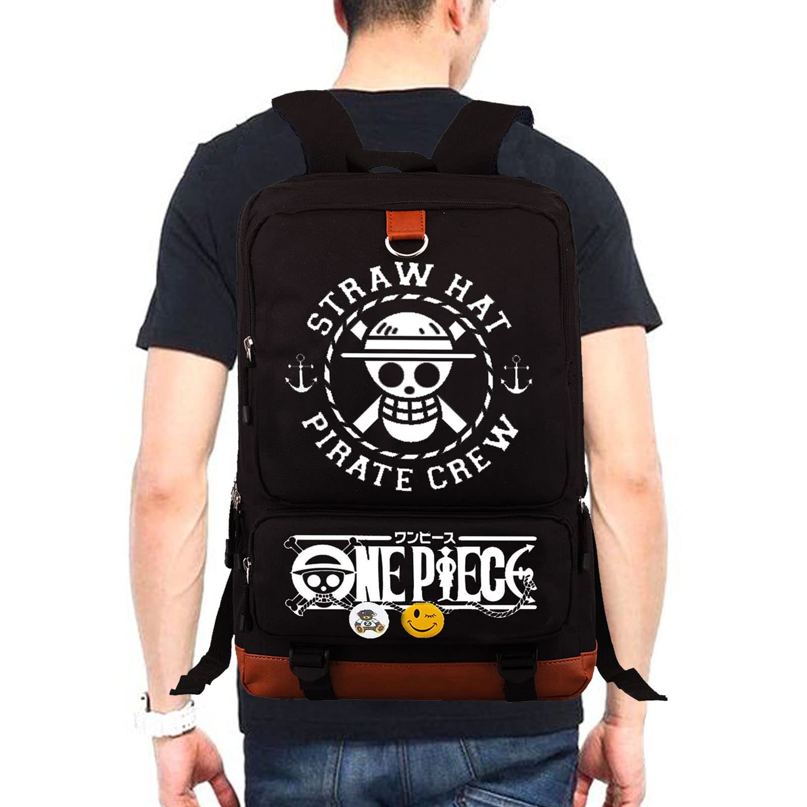 CYOIDAI PRZPRN Anime One iece Backpack Straw Hat Crew Bag Necklace Set for Men Women Canvas L-B