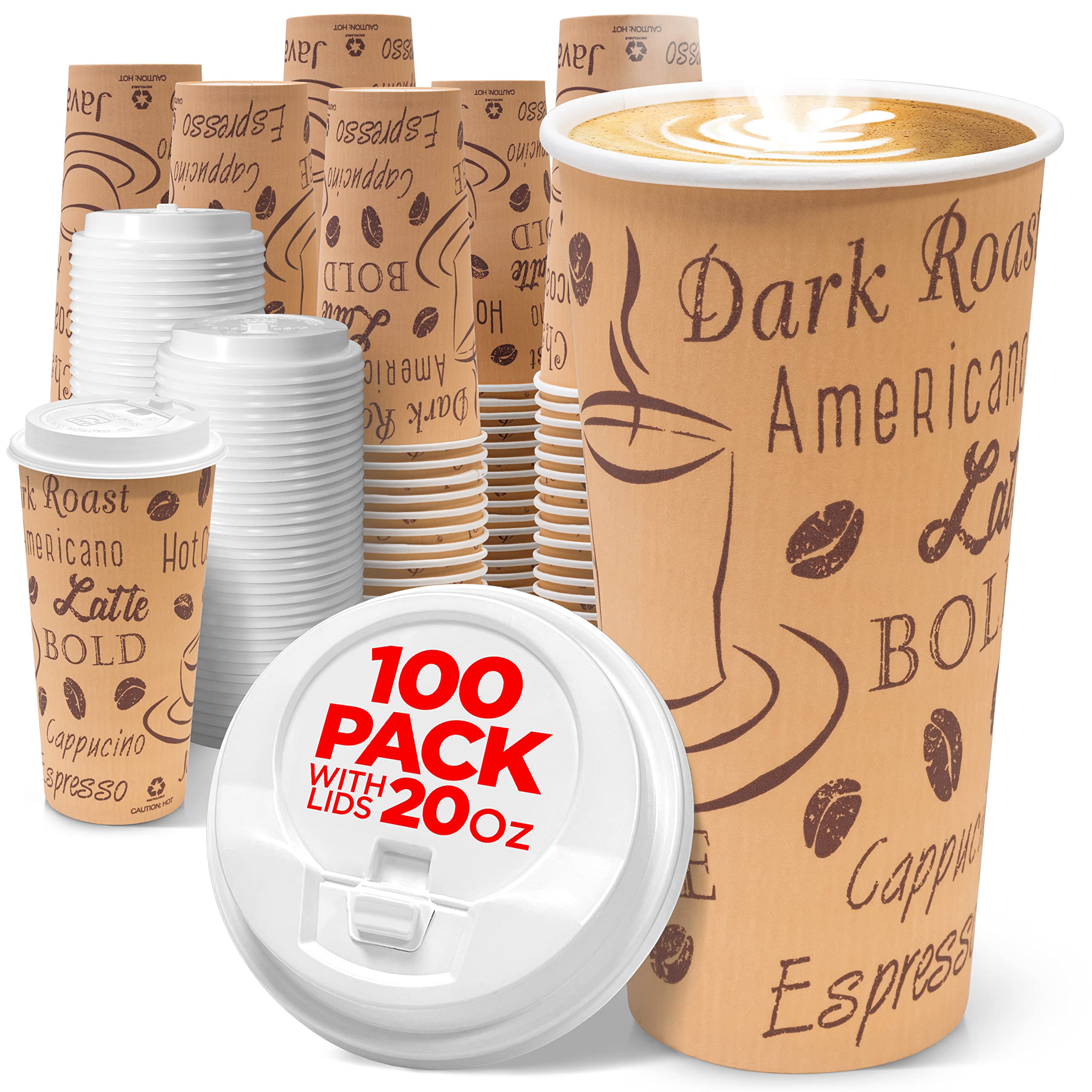 Disposable Coffee Cups with Lids 16 oz (100 Pack) - To Go Paper for Hot & Cold Beverages, Coffee, Tea, Chocolate, Water, Juice Eco Friendly