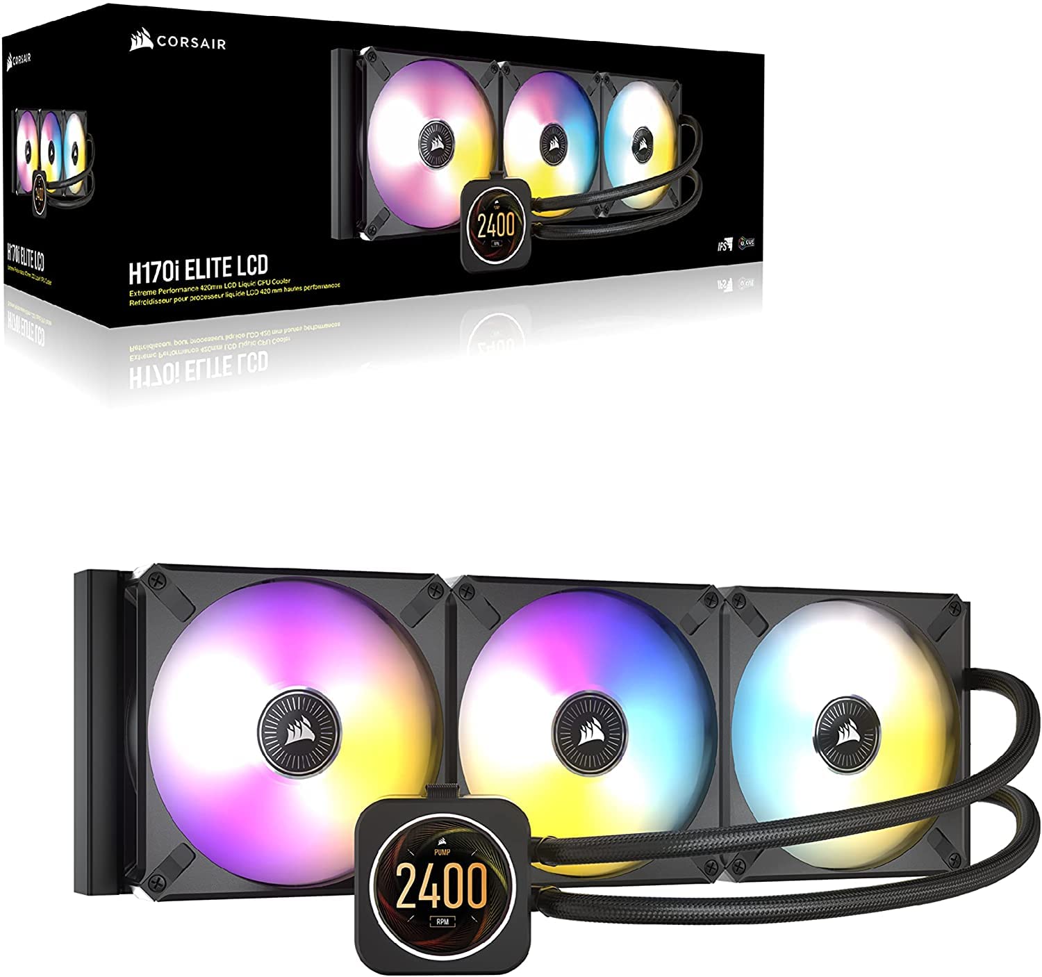 CORSAIR iCUE H170i ELITE LCD Display Liquid CPU Cooler-Custom IPS LCD Screen-48 Dynamic RGB LEDs-140mm Fans -420mm Radiator-COMMANDER CORE Smart Lighting Controller