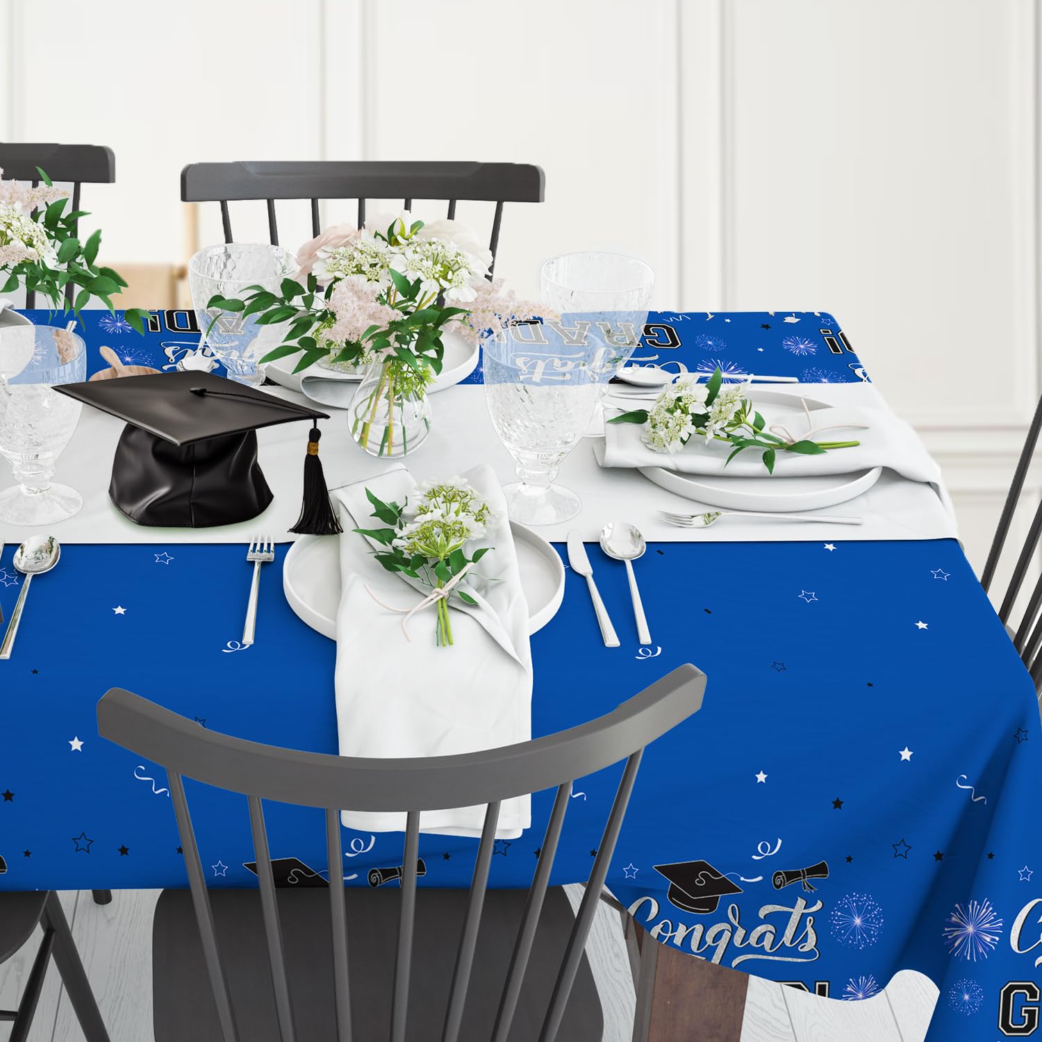 JVORFDG Graduation Party Decorations 2024 Congrats Grad Table Cover for Graduations Party Supplies 3pcs Blue Tablecloth 54 x 108 Inch