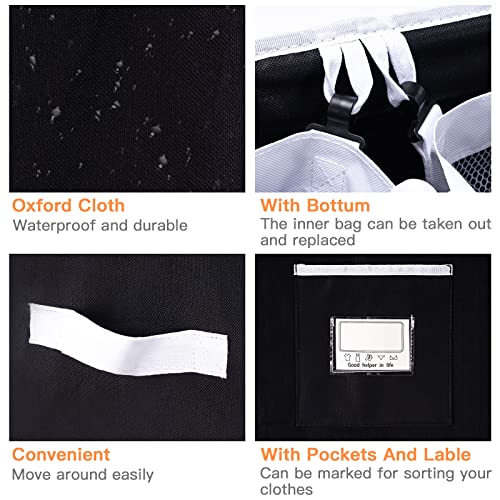 TECHMILLY 3 Section Large Laundry Basket, 140L Laundry Hamper with Lid,Waterproof Durable Clothes Hamper with 4 Removable Bags and 3 labels for Bathroom, Bedroom, Dorm, (Black)