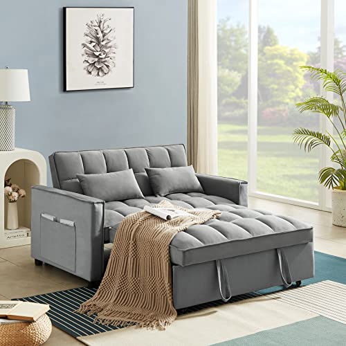 FULife Bed Convertible Sofa Pull-Out Sleeper, Loveseat Futon Sofá Chair w/Adjustable Reclining Backrests,Side Pockets&2 Pillows,Velvet Small Love Seat Lounge Couch, Grey-b