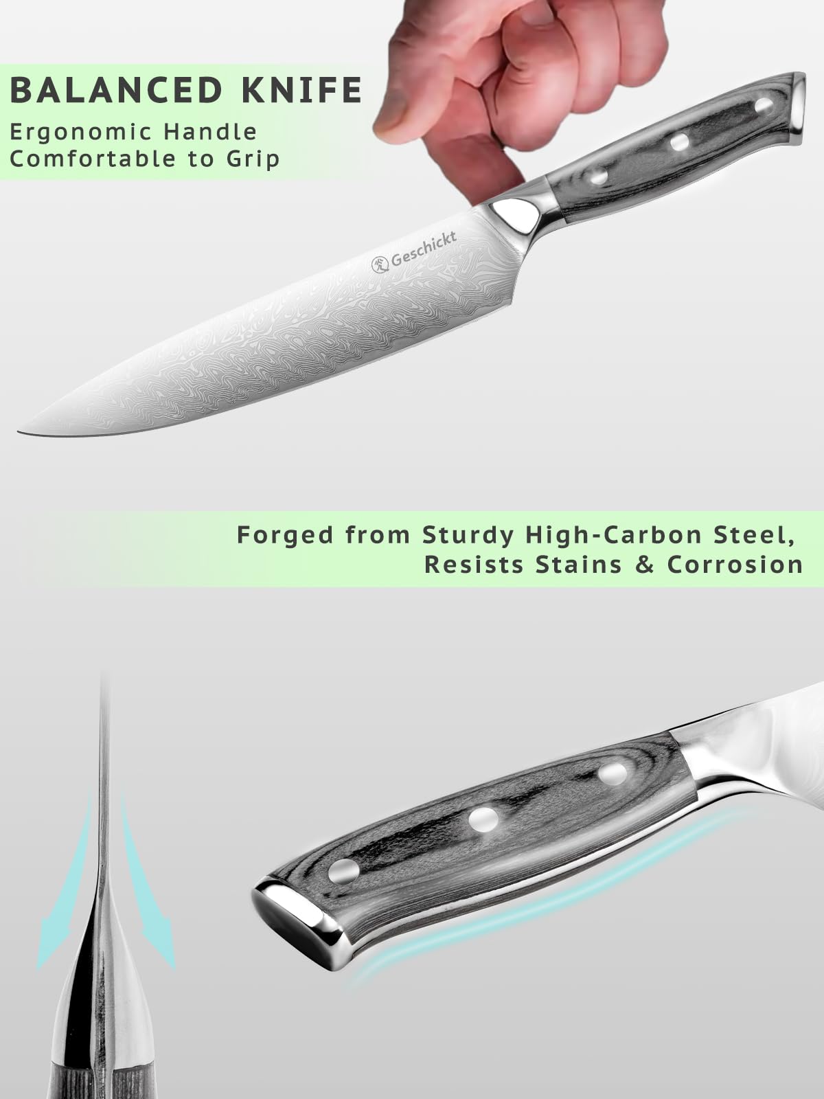 Geschickt Chef knife, Kitchen Knife 8'' with Improved Thicker Handle for Comfort & Balance, Razor Sharp Forged Full Tang Knife, High Carbon Stainless Steel, Ergonomic Design, Grey