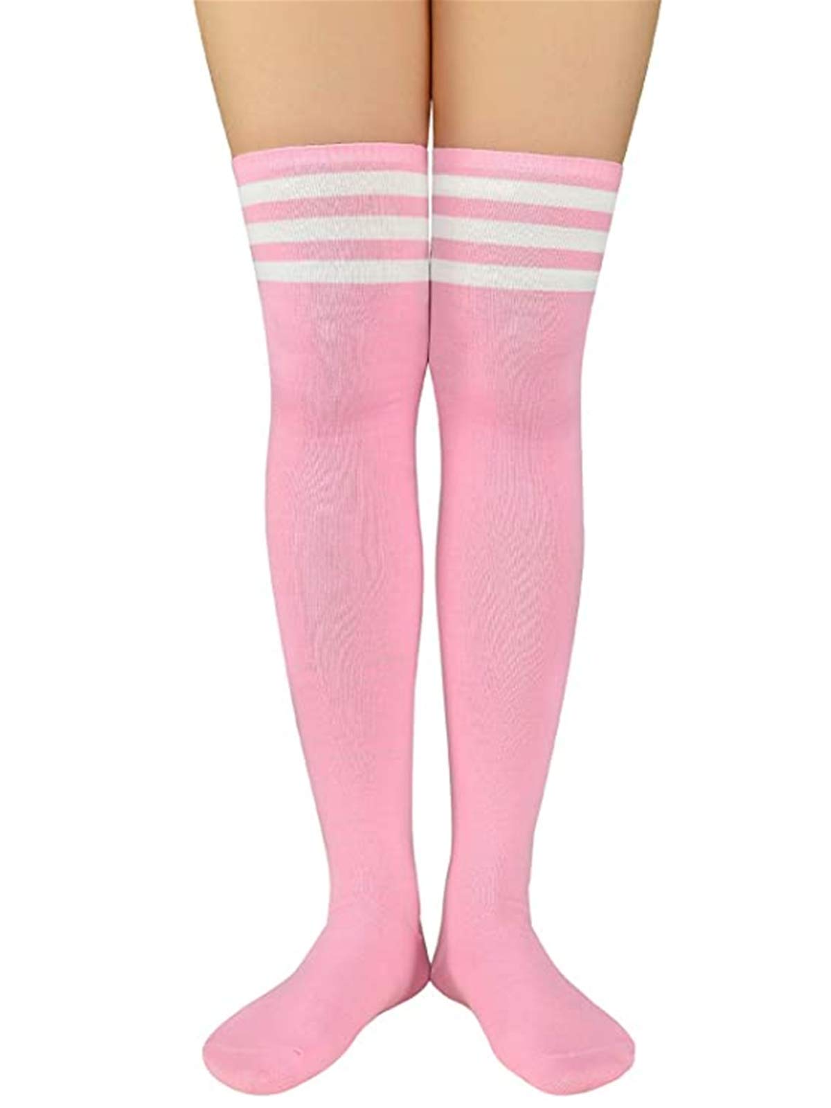 Century Star Women's Casual Athlete Striped Over Knee Socks Thin Thigh High Tights Stockings 1 Pair Pink White One Size