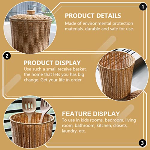 Housoutil Bathroom Trash Bin Rattan Round Waste Basket with Lid Woven Trash Can Garbage Container Bin Flower Basket for Bathroom Kitchen Home Office Large Wicker Basket