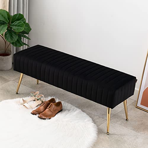 Furnimart 44 Inch Velvet Bench Ottoman Comfortable Footrest Stool Table Bench Dining Bench Tufting Bench Indoor Bench with Gold Legs for Living Room Bedroom Entryway (Velvet-Black)