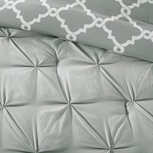 Madison Park Essentials Kasey Cozy Comforter Set - Fretwork Design, All Season Bedding with Matching Shams, Decorative Pillow, Queen (90in x 90 in), Diamond Grey Comforter 5 Piece