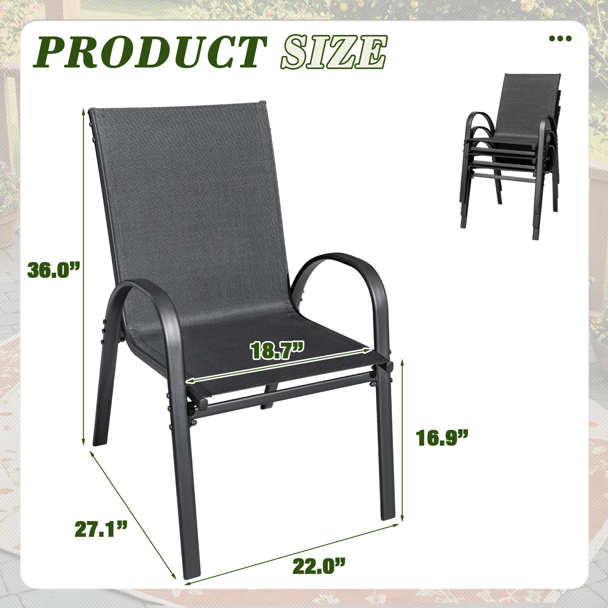Homall Patio Chairs Teslin Stackable Outdoor Chairs Dining Chairs Set of 4 for Lawn Balcony Porch Outside (Black)