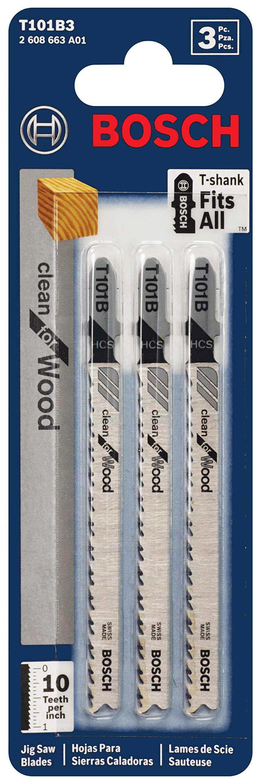 Bosch T101B3 3-Piece 4 In. 10V TPI Clean Wood Cutting T-Shank Jig Saw Blades