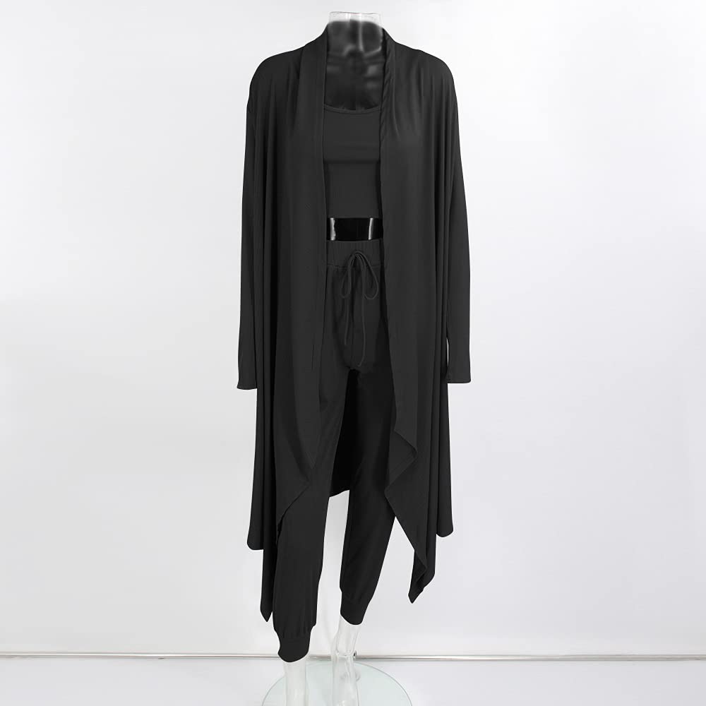 Cosygal Women's Crop Top Cardigan Jogger Pants Tank Coat Three Piece Outfits Sets Black Small