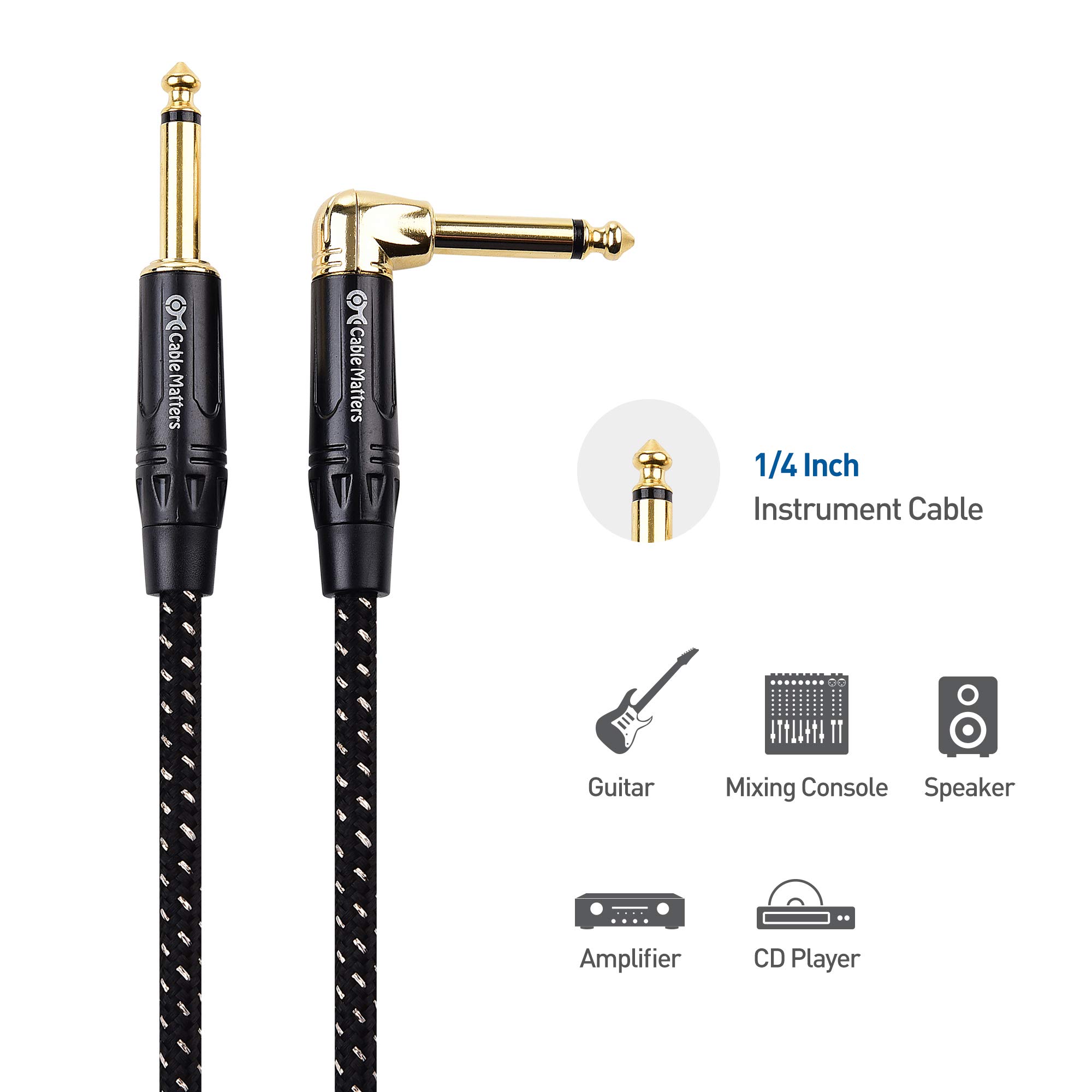 Cable Matters Braided 2-Pack 1/4 Inch TS Right Angle Electric Guitar Cable 6 Feet - Straight to Right Angle Guitar Cord/Guitar Amp Cord/Instrument Cable for Guitar, Bass AMP, Mixer, Equalizer