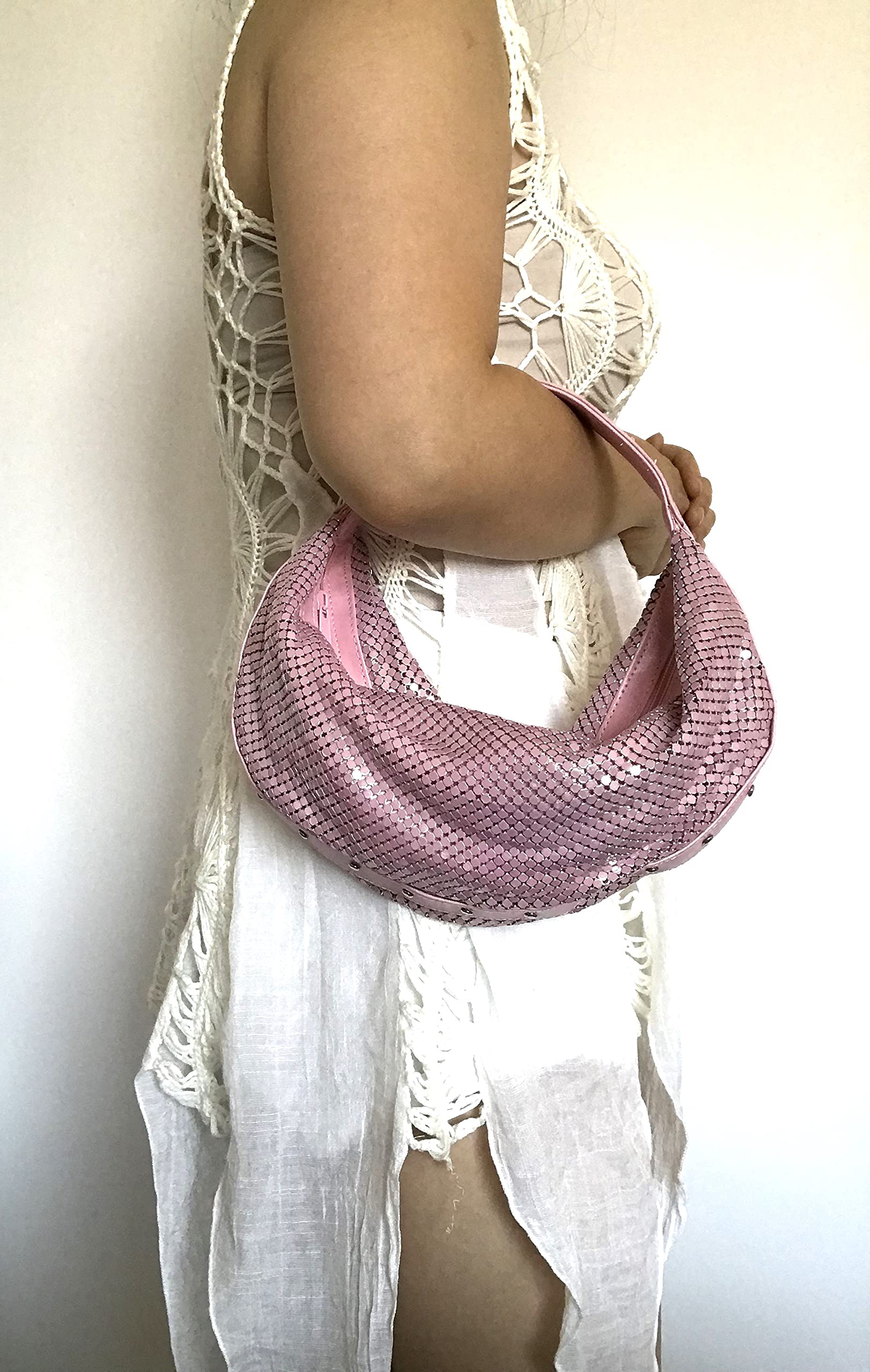 Womens Hand carry Hobo Bag clutch metal mesh evening purse for Cocktail Party Prom Wedding Banquet (Pink)