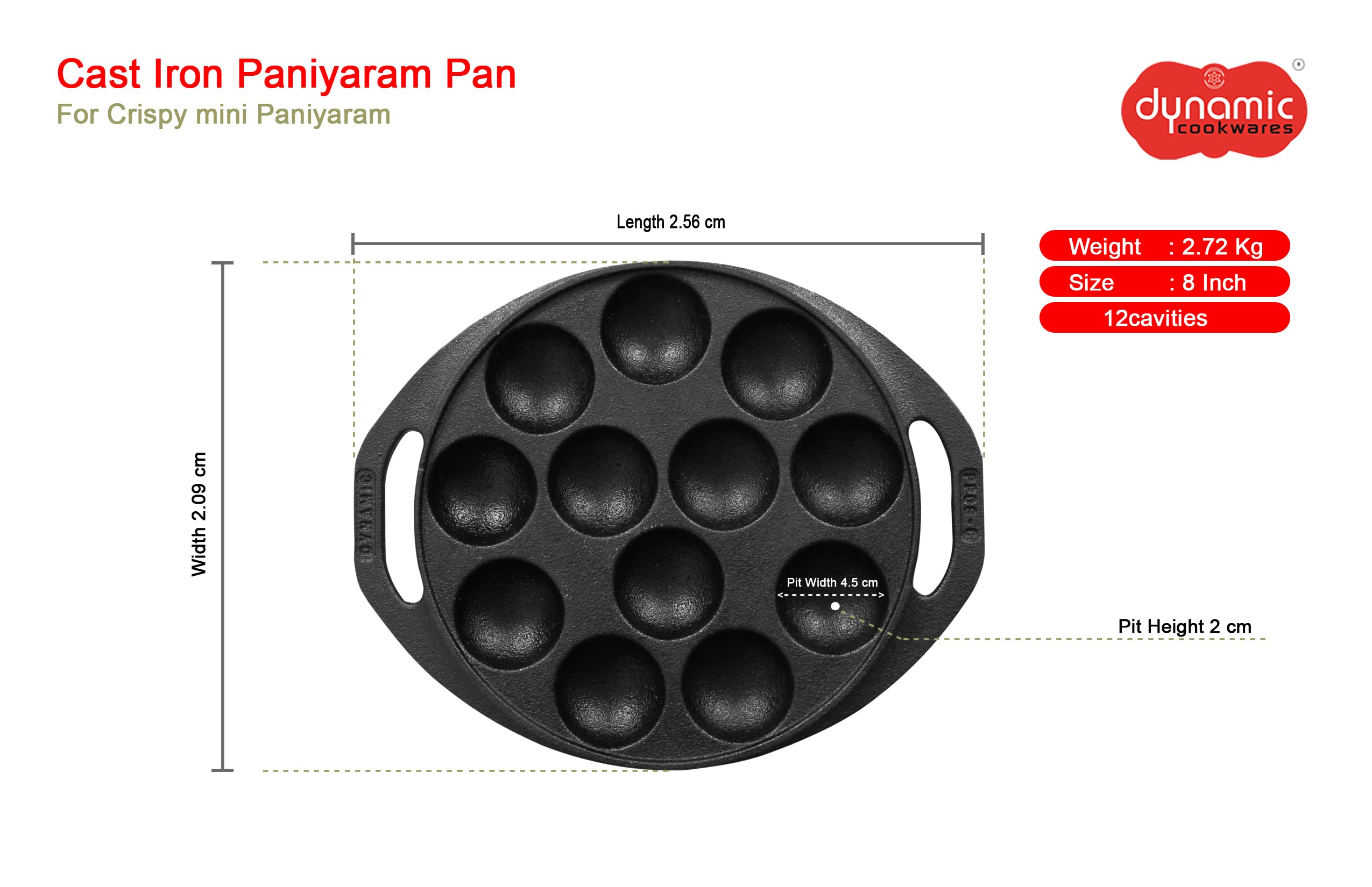 DYNAMIC COOKWARES, Mini Paniyaram pan Cast Iron Flat Bottom Tawa 8 Inch 12 Cavity, Go's Best with Gas, Induction Base, and Electrical Cook top
