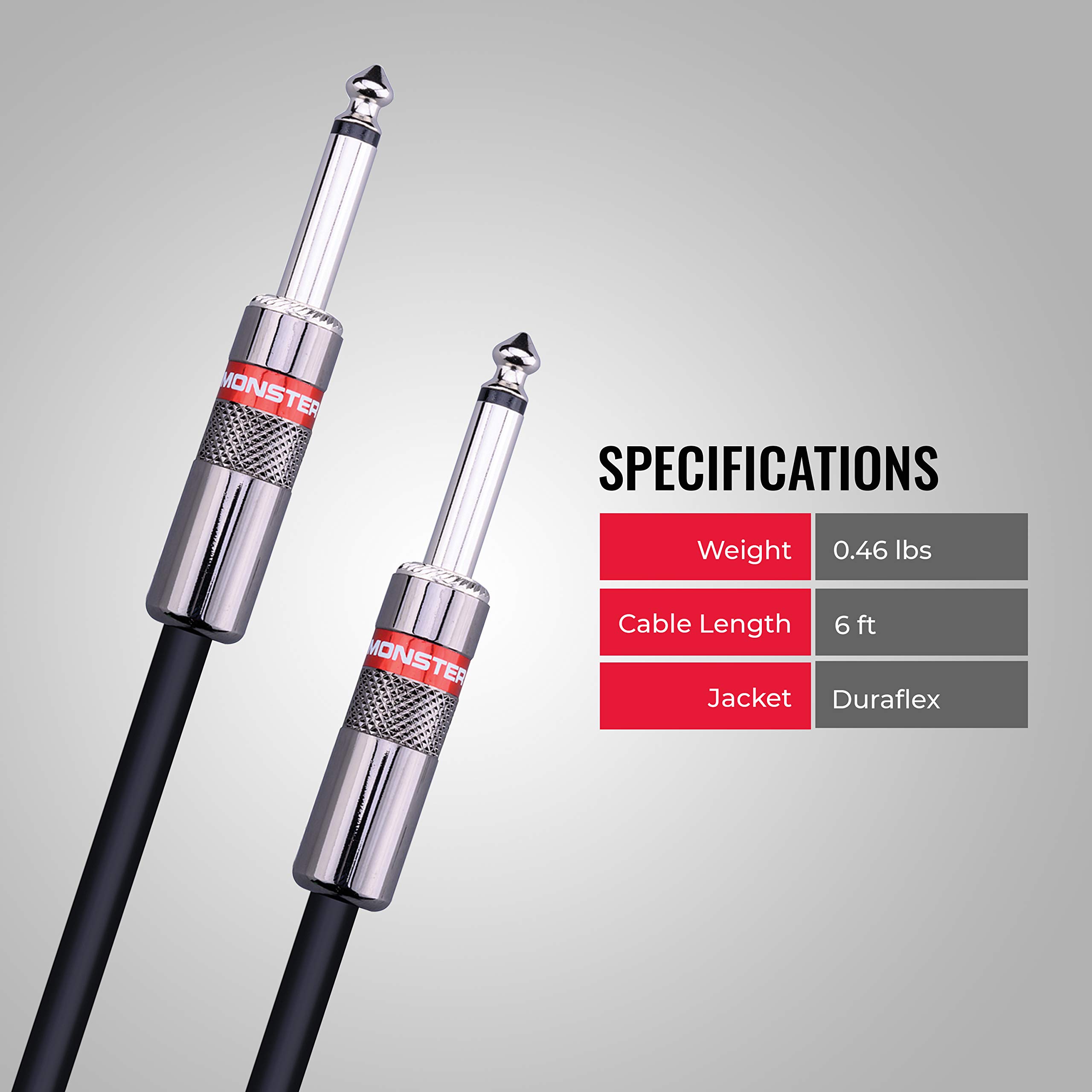 Monster Prolink Classic Speaker Cable - 6FT Straight to Straight Instrument Cable - Straight 1/4-Inch Plugs - Guitar Cord w/Superior Signal Transfer, Noise Reduction, Duraflex Outer Jacket