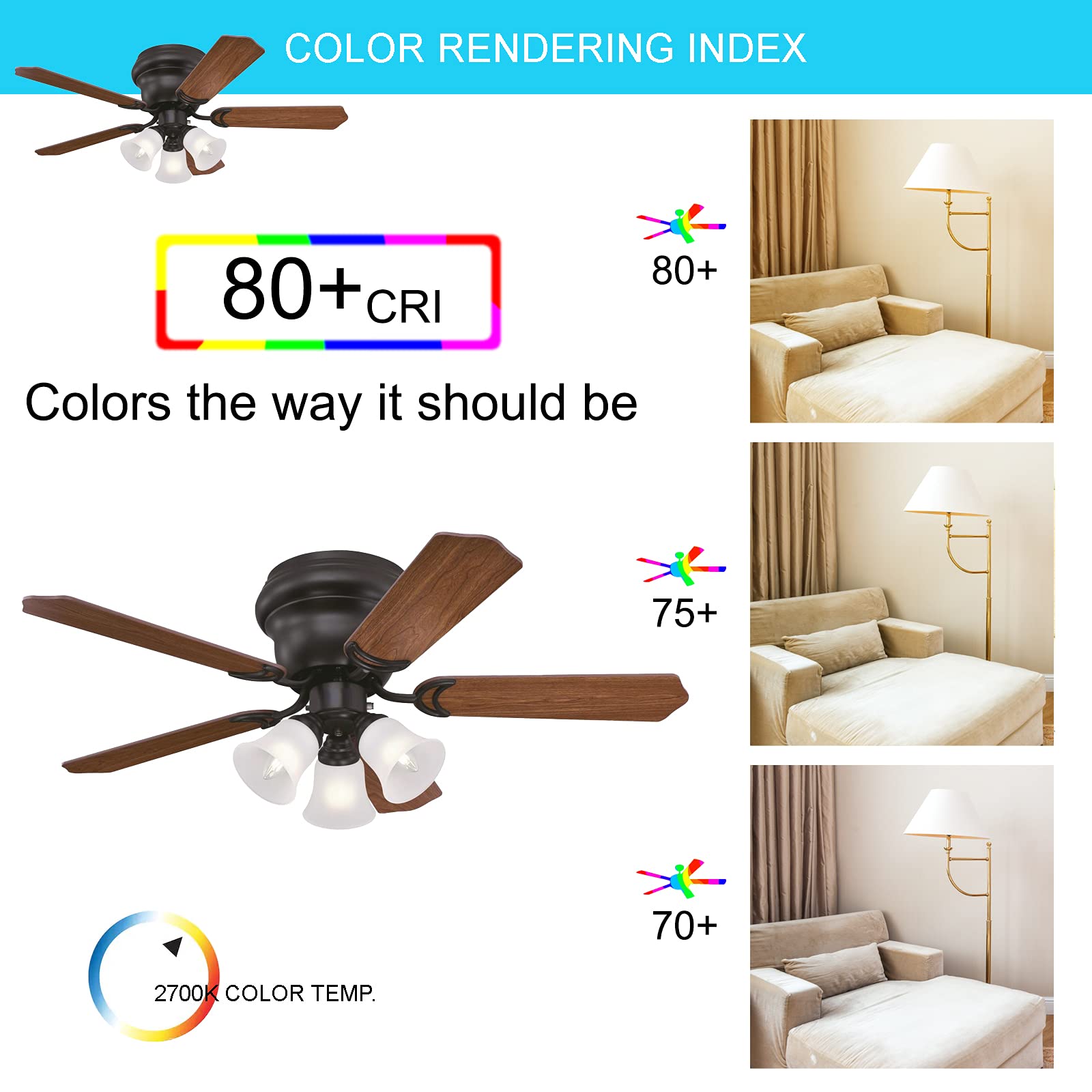 Ciata Lighting 42 Inch Contempra Trio Satin Brass Finish Indoor Ceiling Fan with Dimmable LED Light Fixture in Frosted Glass with Reversible Walnut/Maple Blades
