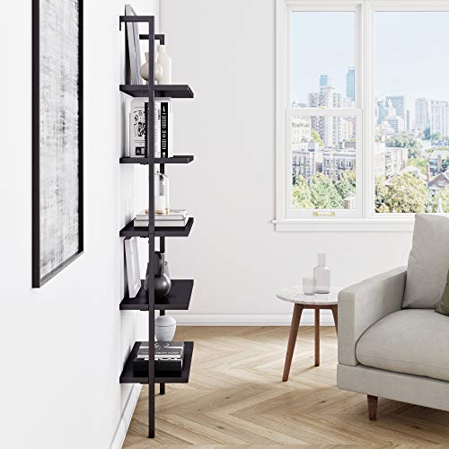 Nathan James Theo 5-Shelf Black Modern Bookcase, Open Wall Mount Ladder Bookshelf with Industrial Metal Frame