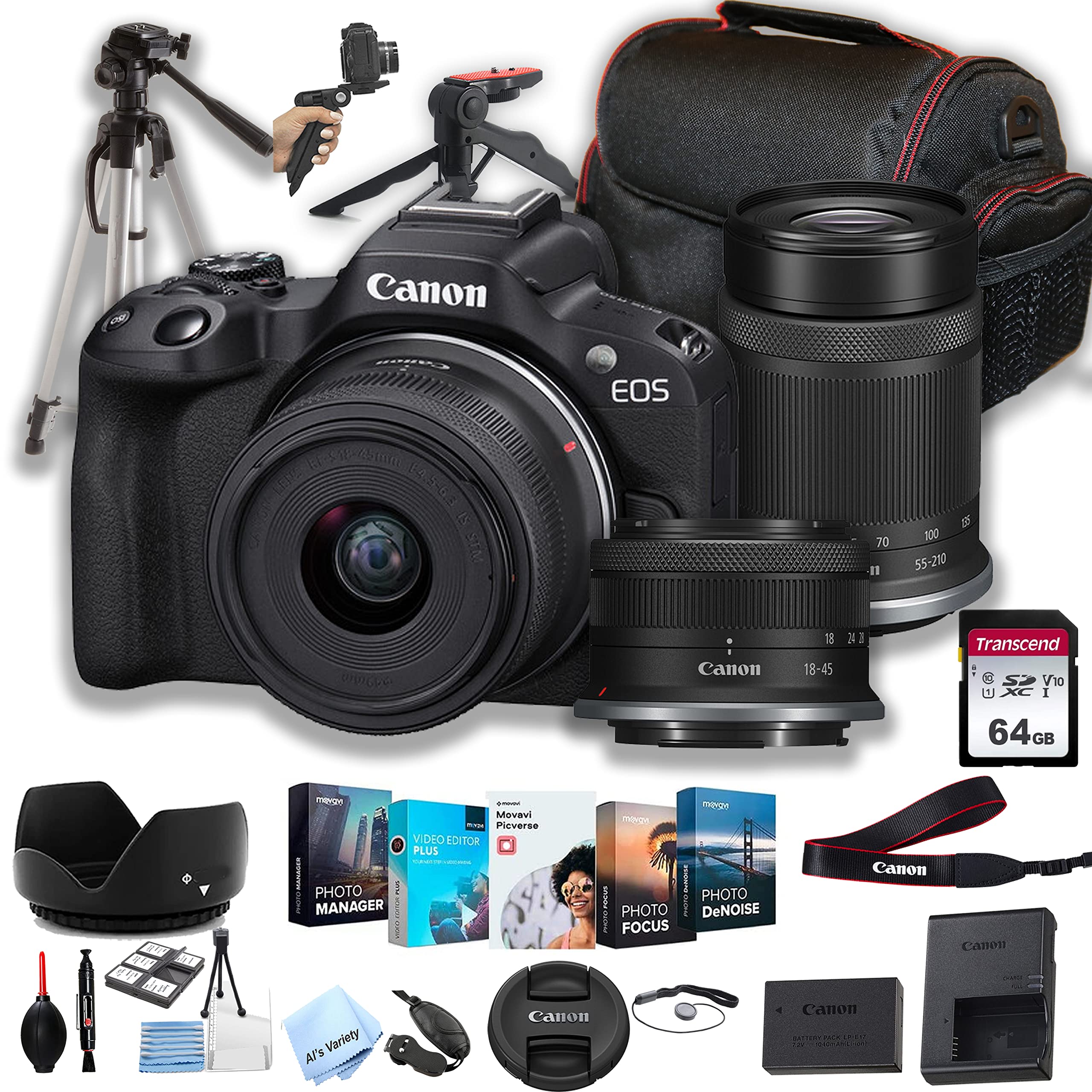 Canon EOS R50 Mirrorless Camera with 18-45mm and 55-210mm Lenses + 64GB Memory + Case+ Steady Grip Pod + Tripod+ Software Pack + More (30pc Bundle)