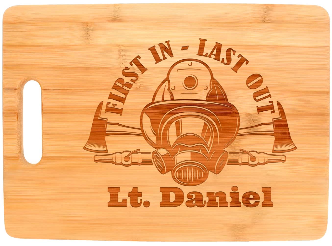 Fire Fighter Gifts For Adults Personalized First In Last Out Firefighter Helmet Big Rectangle Personalized Bamboo Cutting Board