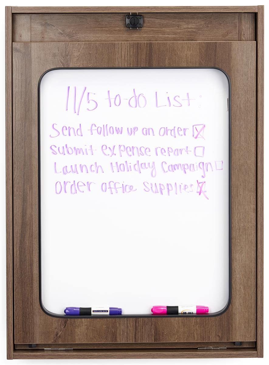 Displays2go Fold Out Desk Wall Mount with Shelves and Whiteboard, 29.5" High Tabletop - Dark Brown (FDWMDWBBRN)