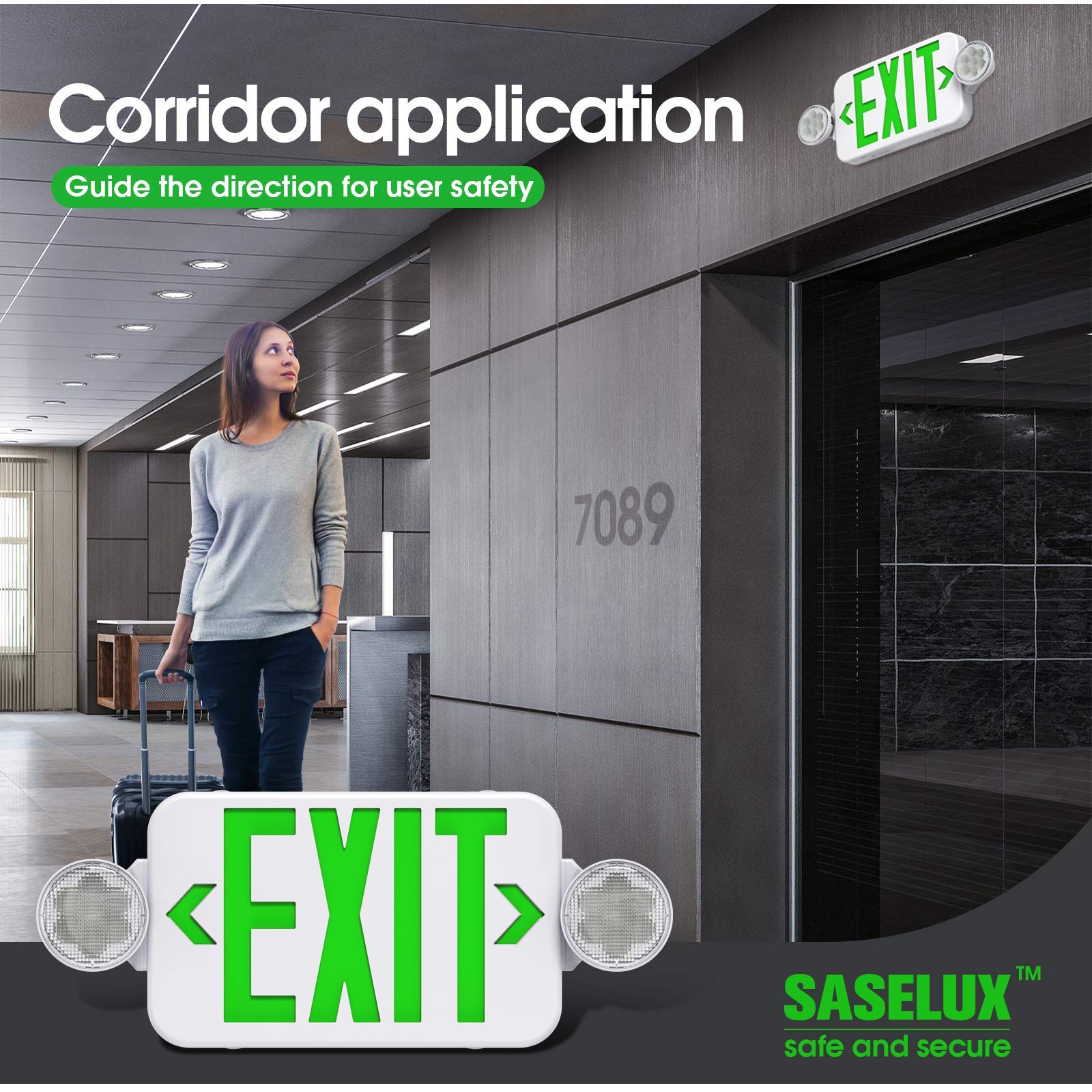 SASELUX 2 Pack Switchable Red/Green, Double Sided and Battery Backup Exit Light Bundle 4 Pack Exit Sign with Emergency Lights, Two LED Adjustable Head Emergency Exit Light with Battery