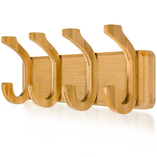 Honsky Wall Mounted Coat Rack, 17” Wall Coat Rack with 4 Hooks,Bamboo Coat Hook Wall Mounted,Large Coat Hanger Wall Mounted for Hanging Coat,Clothes,Jacket,Natural