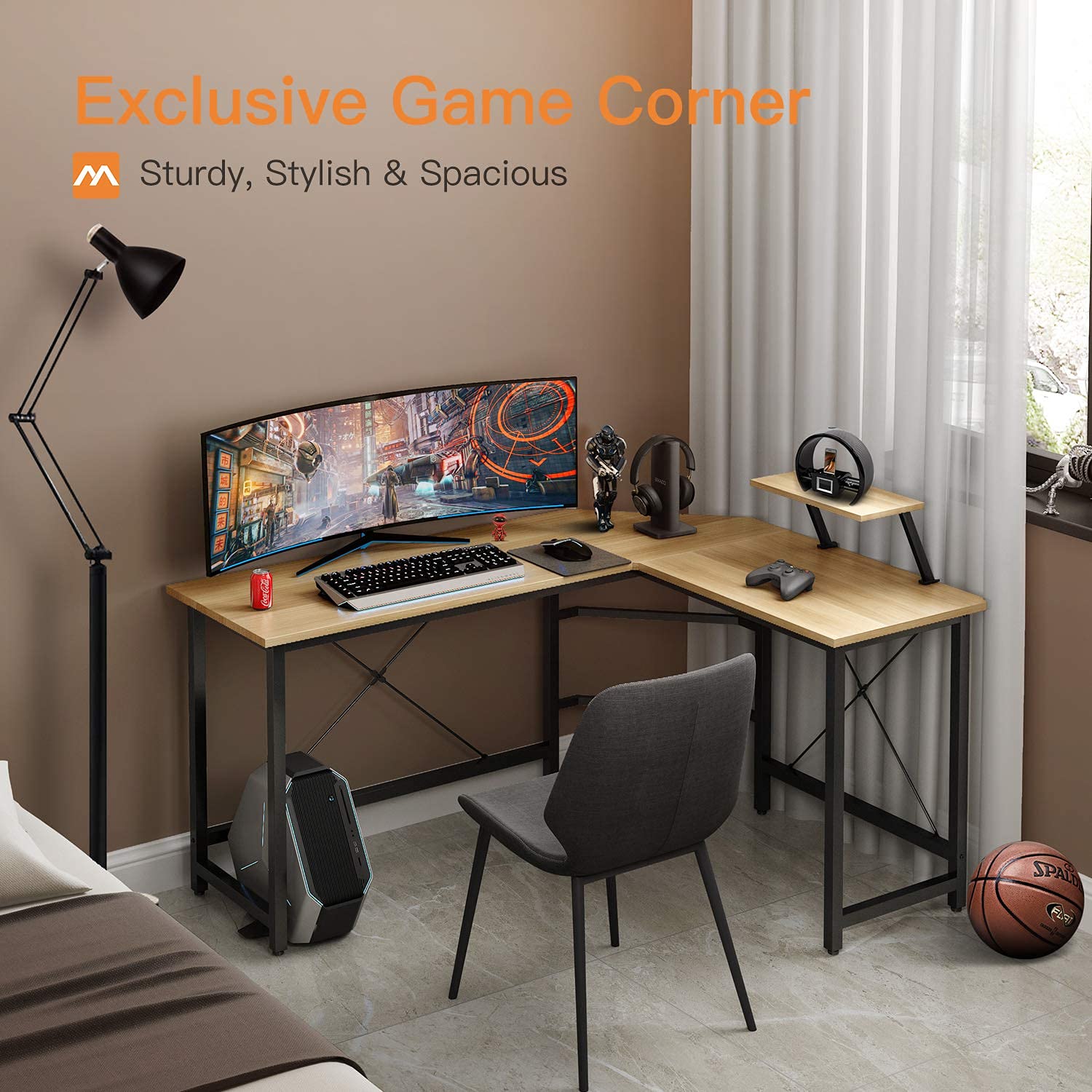 Coleshome Reversible L Shaped Desk 59" Sturdy L Shaped Gaming Desk with Monitor Stand, L Desk for Gaming & Home Office, Space Saving Corner Desk Easy to Assemble, Walnut