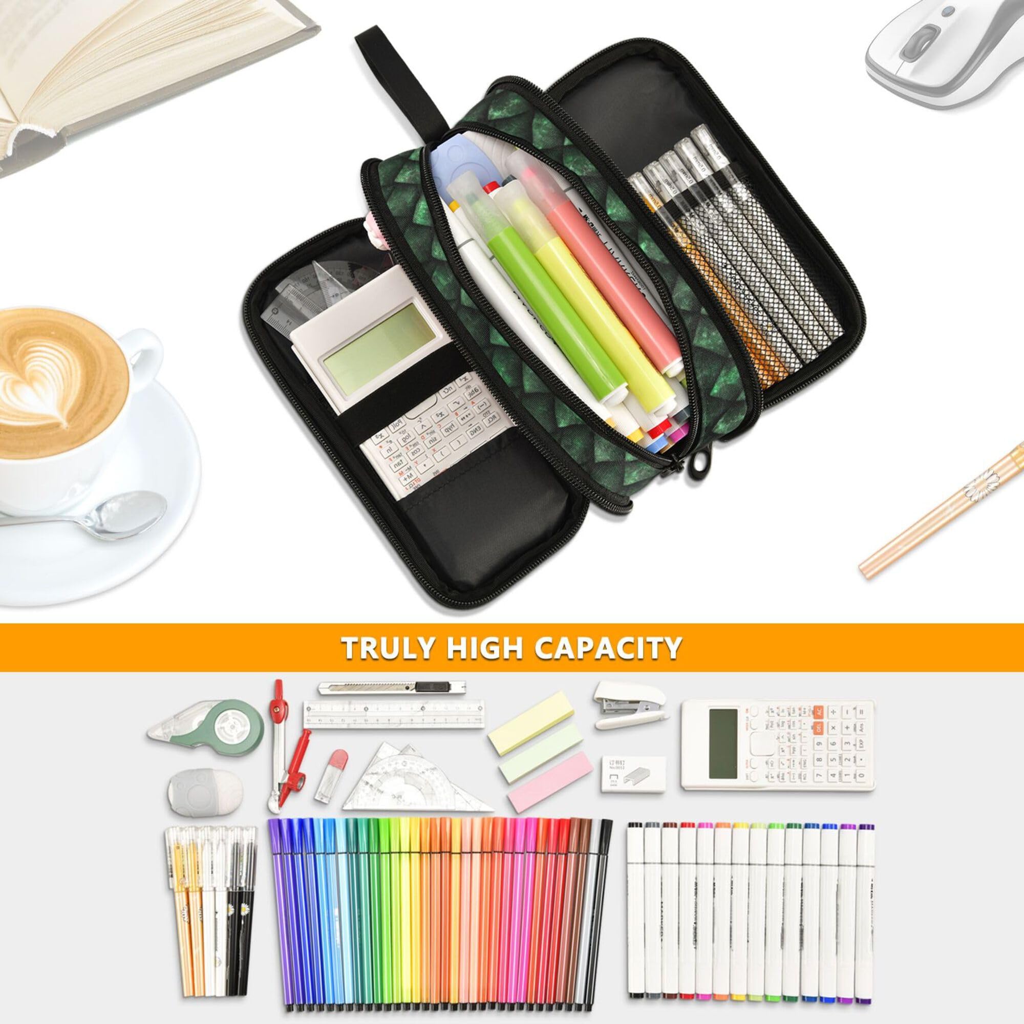 Fisyme 3d Green Dragon Scale Pencil Case Large Capacity Pen Box Makeup Pouch Holder Organizer Stationery Bag for School Office College