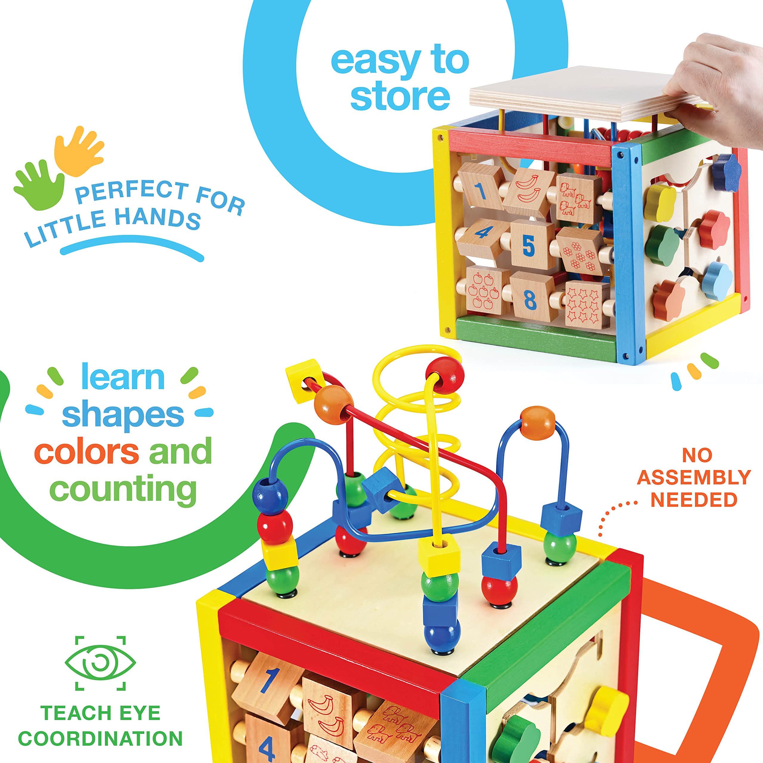 Wooden Activity Play Cube 6 in-1 for Baby with Removable Bead Maze, Shape Sorter, Abacus Counting Beads & Numbers, Sliding Shapes, 8Pcs Stacking Cups – Play22