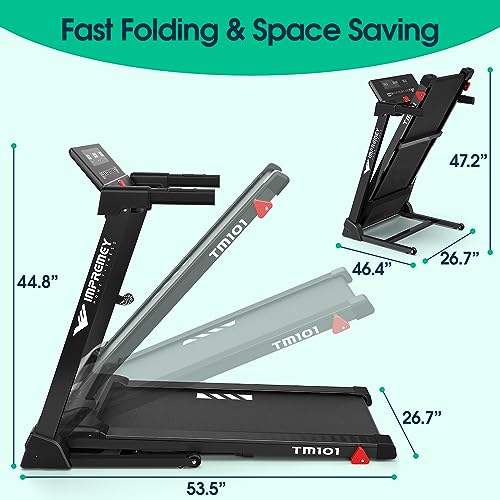 Impremey Folding Treadmill with Incline, Electric Treadmill with 42β x 16β Large Running Belt, Heart Rate Monitor, Easy Assembly, 64 Preset Programs, 7.5 Mph Speed, 2.5HP, Compact Design for Home