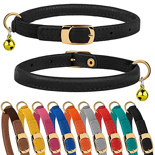Murom Rolled Leather Cat Collar with Elastic Strap Safety Adjustable Pet Collars for Cats Kitten Yellow Red Pink Blue Orange Brown Gray (Black)